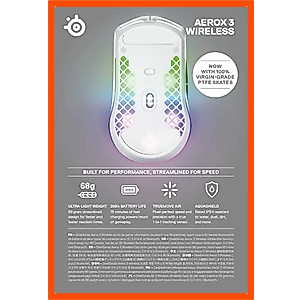 SteelSeries Aerox 3 Wireless - Super Light Gaming Mouse - 18,000 CPI TrueMove Air Optical Sensor - Ultra-lightweight 68g Water Resistant Design - 200 Hour Battery Life – Snow
