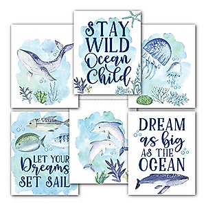 6 Reversible 8x10 Watercolor Ocean Wall Art Prints, Beach Wall Decor For Bedroom Posters For Kids, Beach Bathroom Decor Wall Art Prints, Ocean Wall Decor For Room Posters, Beach Party Decorations For Wall Prints