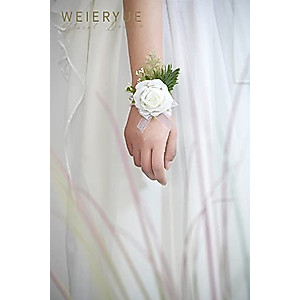WEIERYUE White Rose Wrist Flowers and Men's Corsage Wedding Flowers Ceremony,2Pcs Boutonniere Buttonholes and Wrist Corsage Wristband Roses Wrist Corsage(White Rose Set)