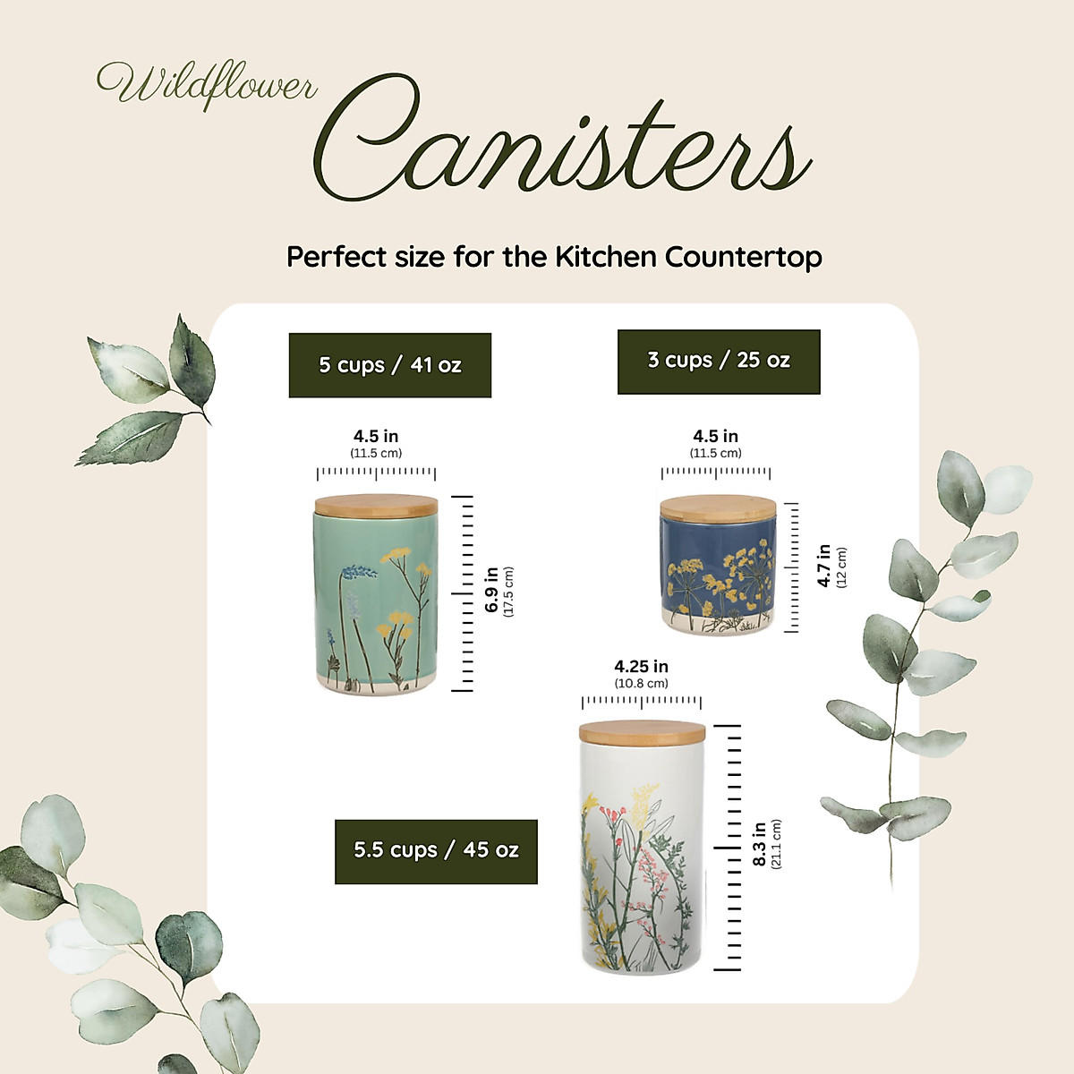 Cookspire 3-pc Porcelain Canister Set - Kitchen Storage Containers for Coffee, Sugar, Spice and Dry Food, Airtight containers, Versatile Sizes - White 8.3", Green 6.9", Blue 4.7"; Ideal Gift Set