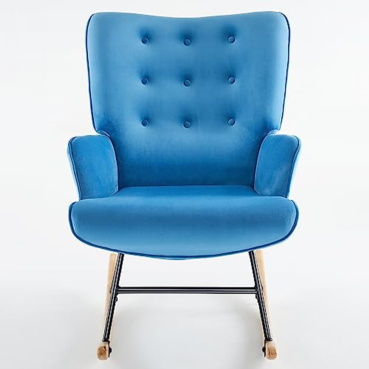 Kosydown Basic Blue Rocking Chair, Velvet Rocking Chair Nursery, Upholstered Comfy Armchair with High Backrest for Living Room Bedroom Offices, Solid Wood Legs Reading Chair