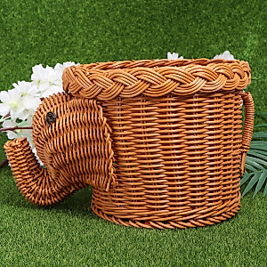 STOBAZA Elephant Rattan Storage Basket Woven Wicker Bin Hand Woven Shelf Organizer Cute Handmade Nursery Gift Animal Artwork Decoration for Vegetable Food Snack Storage Brown 20X20CM