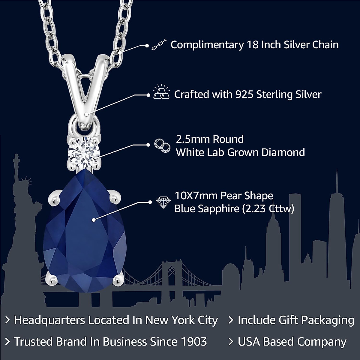 Gem Stone King 925 Sterling Silver Blue Sapphire and White Lab Grown Diamond Pendant Necklace For Women (2.23 Cttw, Pear Shape 10X7MM, with 18 Inch Chain)
