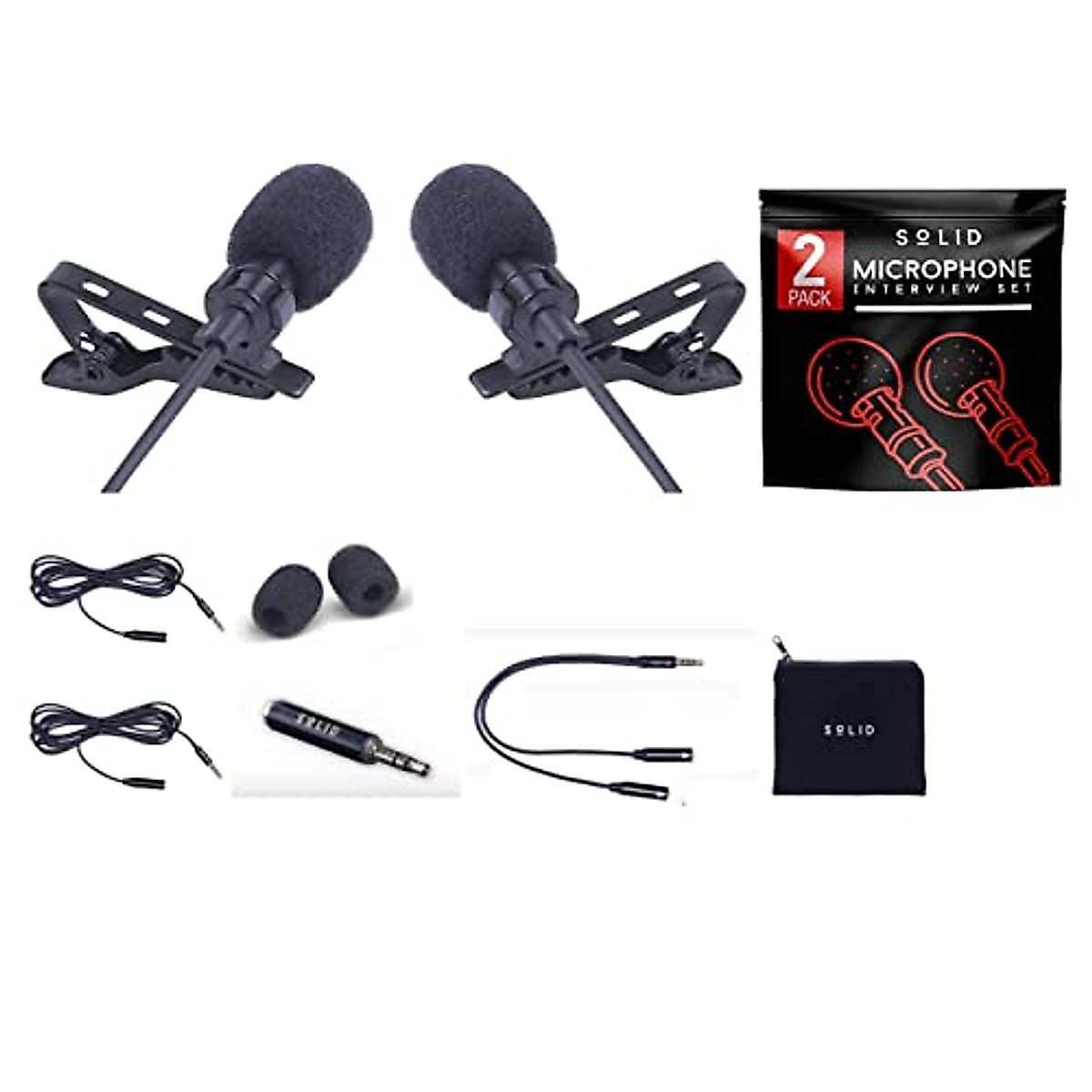 Solid Clip On Lavalier Lapel Microphone 2 Pack Set for iPhone and Android Vlogging, Interview, Selfie Videos