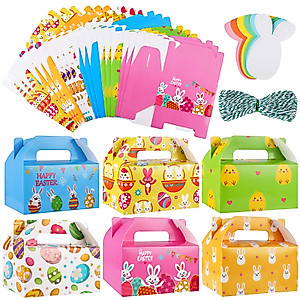 ADXCO 24 Pieces Easter Boxes Paper Gable Boxes Colorful Party Favor Treat Boxes with Rabbit Tags for Kids School Party Easter Favor