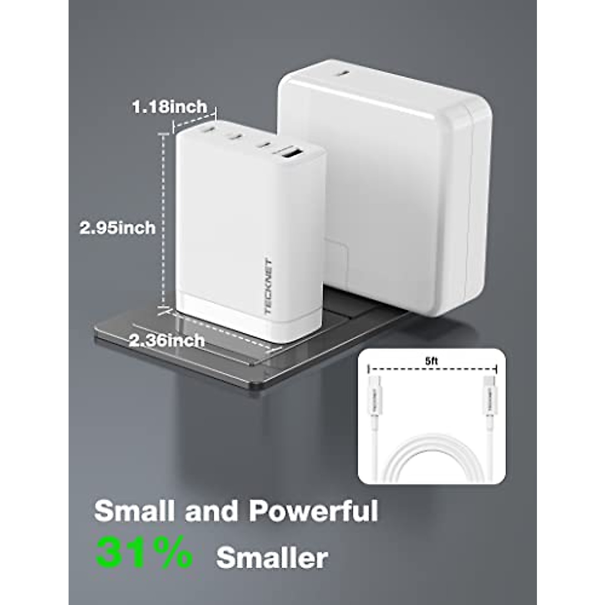 100W USB C Wall Charger, TECKNET GaN Ⅲ Portable USB-C Fast Charger Block with Type C Cable, PD Power Adapter for iPhone 14/14 Pro, MacBook Pro, iPad, AirPods, Dell XPS, Pixel, Samsung, PS5, Switch