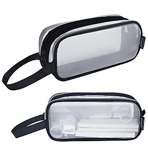 Aosbos Mesh Pencil Case, Clear Pencil Pouch Pencil Bags, Transparent Pen Holder Bag, Multi-Purpose Organizer Box with Portable Strap, White and Black