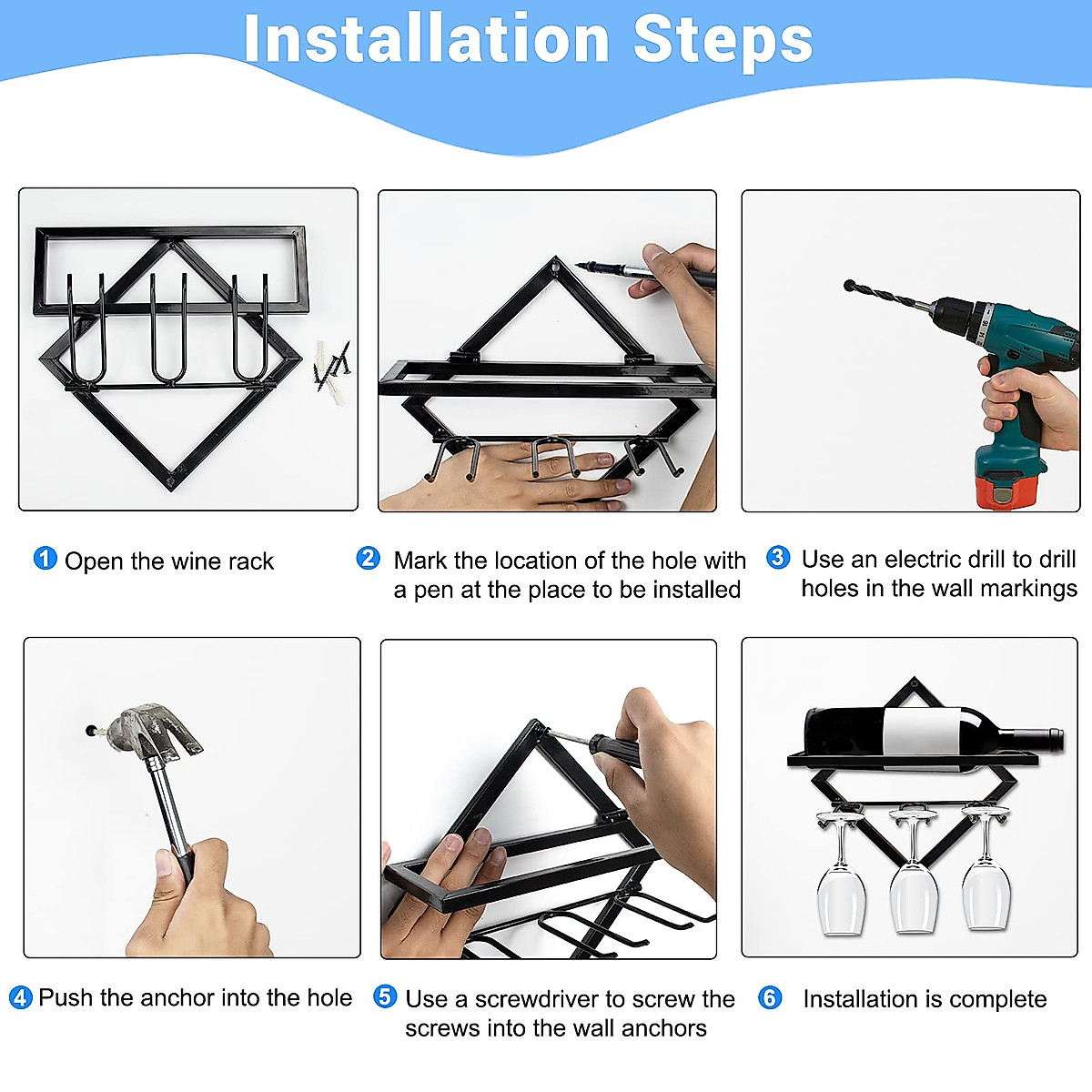 AUHOKY Metal Wall Mounted Wine Holder Stemware Glass Rack, Collapsible Hanging Red Wine Racks Organizer with 3 Stem Glass Holders, Wine Bottle Display Hanger for Home Kitchen Bar Decor
