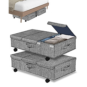 Hoyula Deep Under Bed Storage Container with Wheels, 2 Pack 10" High 31" Long Large Underbed Box Storage Bins with Lids and Hard Bottom, for Bedroom, Dorms, Clothes, Bed sheets, blankets, Dark Gray