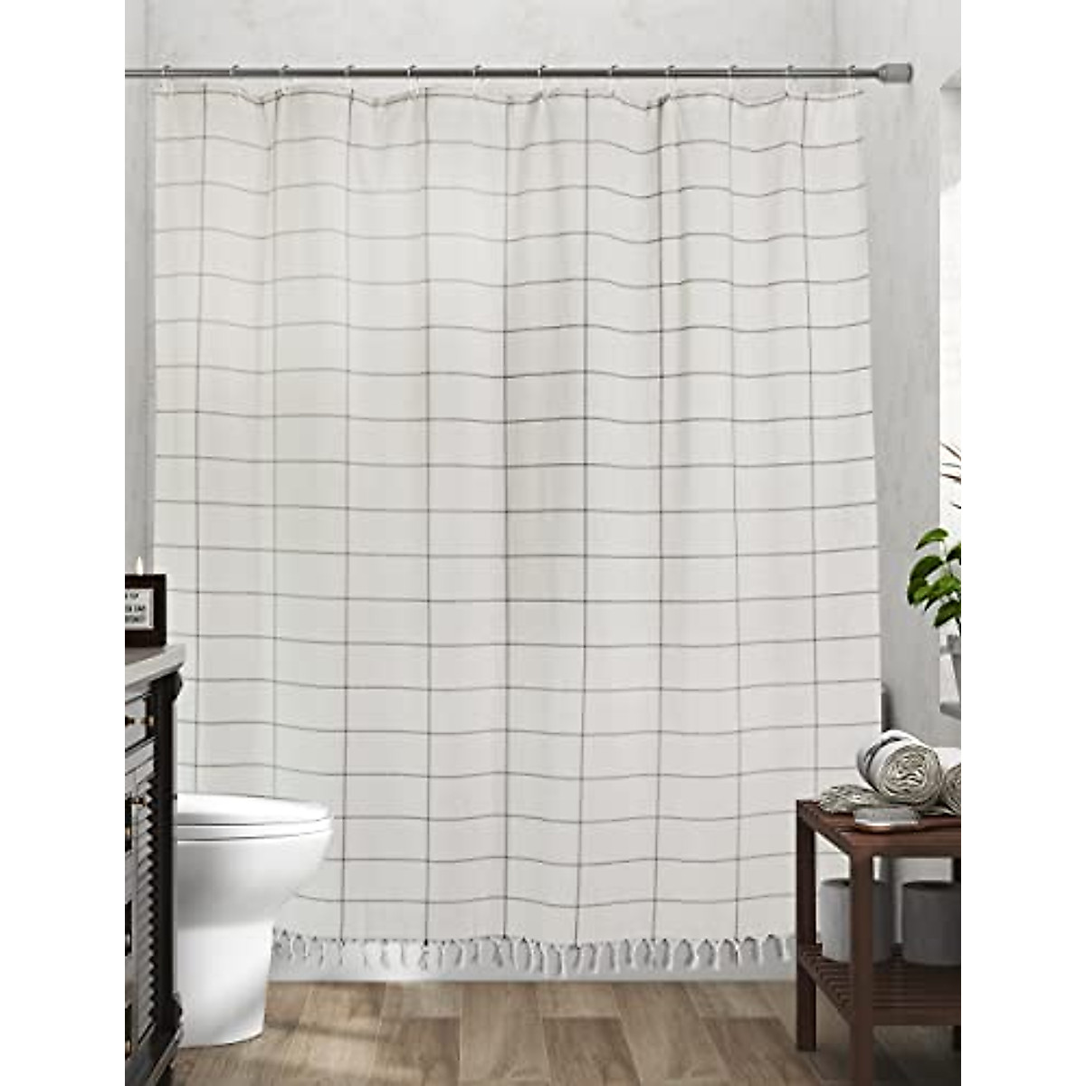 SUMGAR Cotton Shower Curtain Boho Farmhouse Shower Curtains for Bathroom with Tassels & Hooks, White Fabric Grey Checkered Bohemian Fringe Shower Curtain Set, 72" x 72"