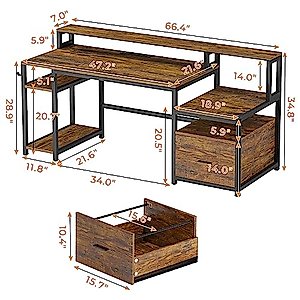 SEDETA Home Office Desk with File Drawer & Power Outlet, 66'' Computer Desk with Storage Shelves, Printer Cabinet and Monitor Shelf, Computer Table Writing Desk Workstation, Rustic Brown
