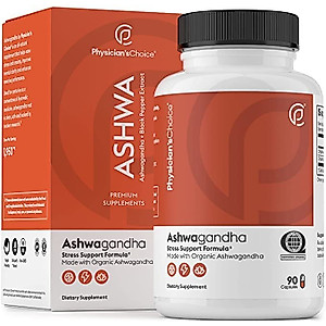 Physician's CHOICE Organic Ashwagandha 1950mg w/ Black Pepper Extract for Enhanced Absorption - Stress Support - Mood Support - Wellbeing Supplement, 90 Veggie Ashwagandha Root Powder Capsules