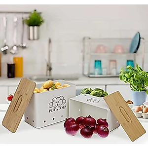 Xbopetda Potato Onion Storage Box, Food Container Sets, Storage Canisters for Vegeatables, Set of 2 Jars Pots Containers, Potato & Onion Bin with Aerating Tin Storage Holes & Bamboo Lid-White