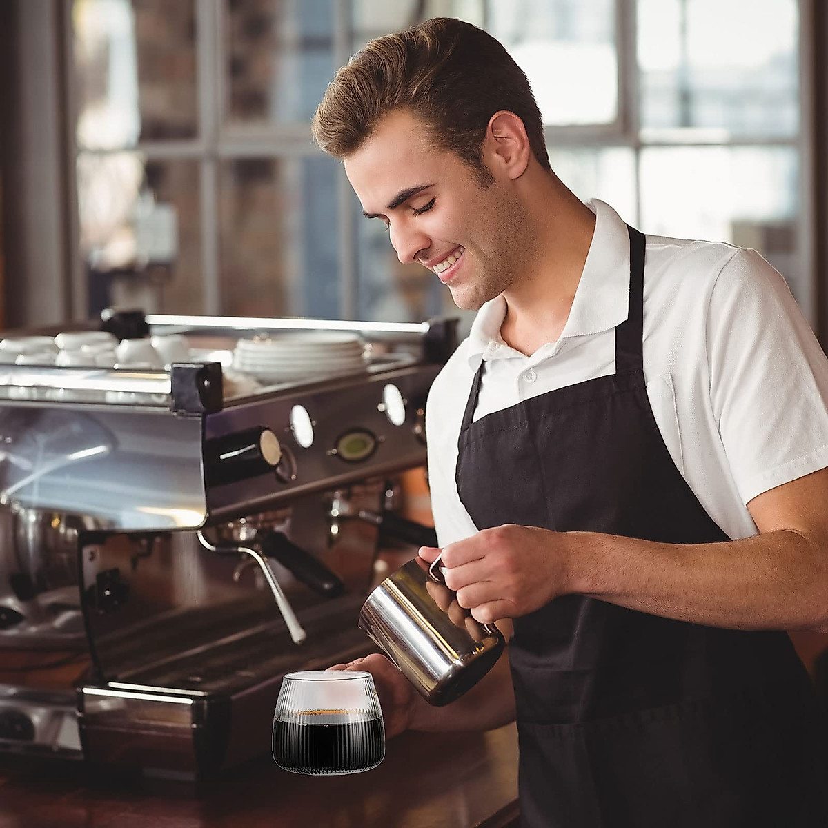 8 Pcs Glass Coffee Mugs 12.5 oz Clear Mugs for Hot Beverages Ribbed Espresso Cups Glass Coffee Cups in Vertical Stripes with Light Yellow Handle Vintage Glass Coffee Cups for Tea Latte Milk Juice