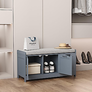HOMEFORT Shoe Storage Bench, Wooden Shoe Bench with 3-Door Cabinets, Entry Way Home Organizer Bench, Entryway Bench with Padded Cushion Seat, Grey Storage Bench for Bedroom.