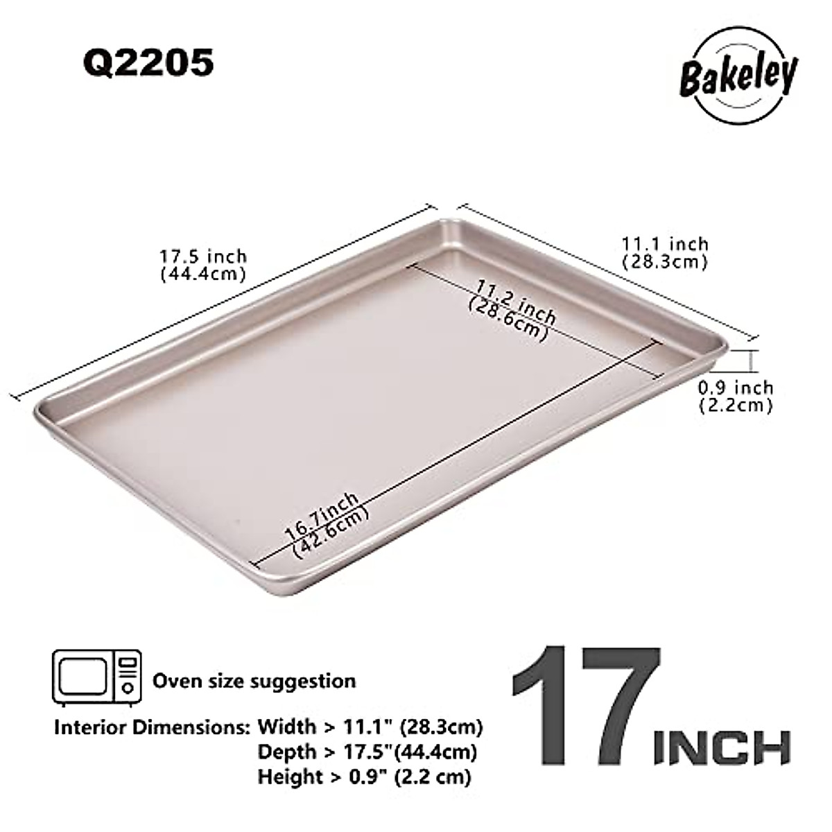 Bakeley 17-Inch Baking Sheet Pan Non-Stick Carbon Steel Baking Sheets for Oven Cookie Sheet Pan for Roasting Meat Bread Jelly Roll Battenberg Pizzas Pastries 17.52" x 11.73" x 0.91" (Champagne Gold)