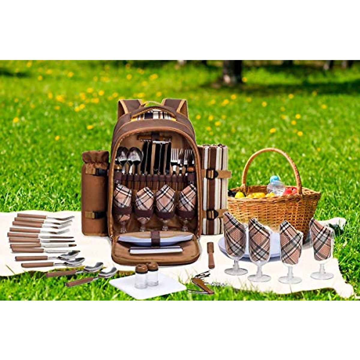 Apollo Walker Picnic Backpack Bag for 4 Person with Cooler Compartment,Wine Bag, Picnic Blanket(45"x53"),Best for Family and Lovers Gifts (Brown)