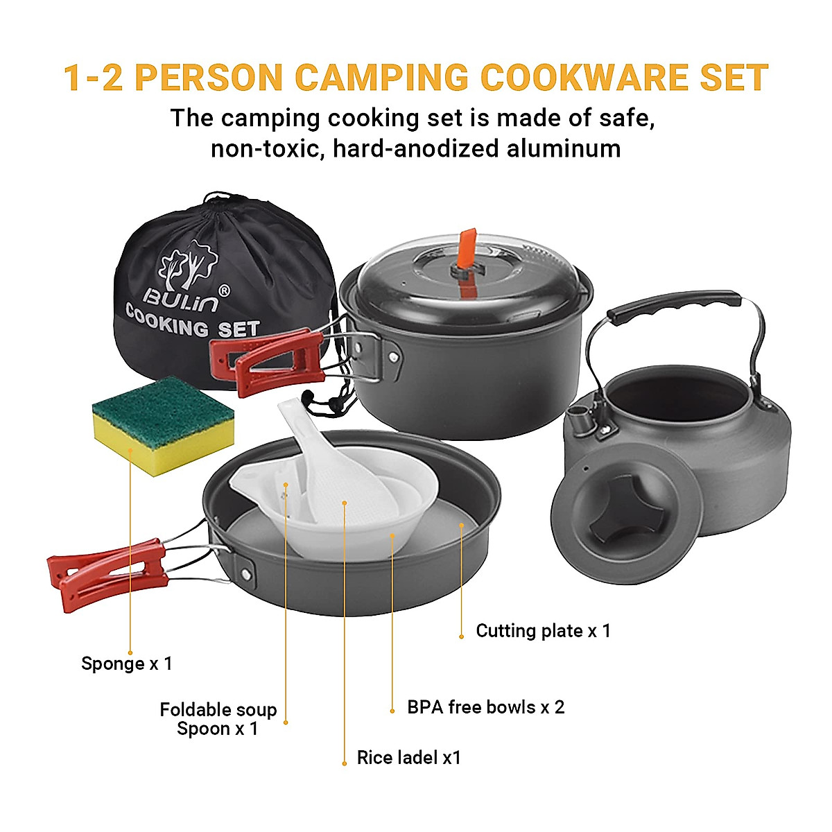 Bulin Camping Cookware Mess Kit, Backpack Portable Campfire Cooking Pots Pans Kettle Set, Lightweight Durable Cook Gear for Open Fire Hiking, Outdoor (BPA Free Bowls, Plates), 9 PCS