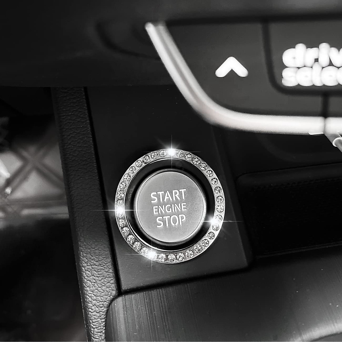 6 Pcs Bling Car Decor Crystal Rhinestone Ring Emblem Sticker, Engine Start Stop Decoration Ring Car Interior Accessories for Women, Push to Start Button Cover, Key Ignition & Knob Bling Ring, Silver