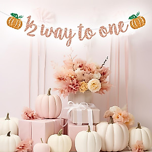Pumpkin 1/2 Way to One Banner, Fall Half Birthday Decorations Girl, Happy 6 Months, Little Pumpkin Baby Shower Birthday Party Decorations, Rose Gold Glitter