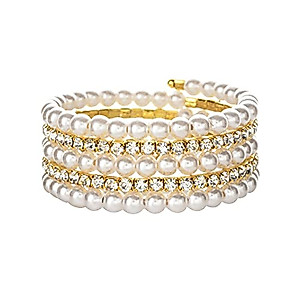 Long tiantian Pearl Bracelets for Women Pearl Jewelry Crystal Rhinestone Bangle Bracelets for Women Beaded Stretch Strand Stackable Bracelets Wedding Jewelry for Brides