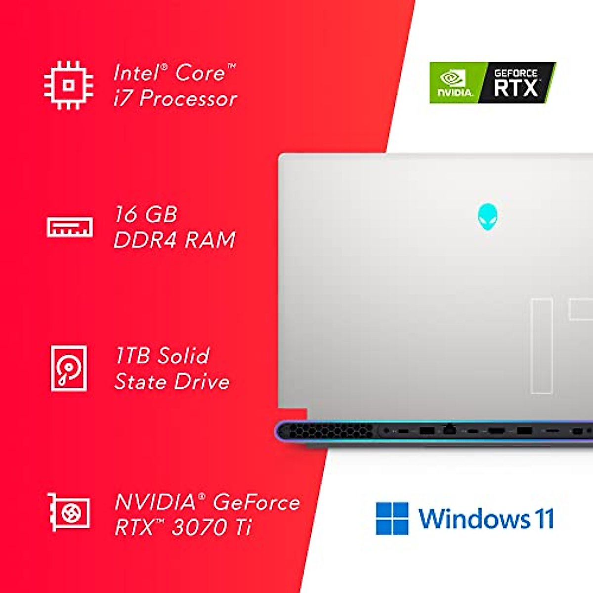 Alienware X17 R2 VR Ready Gaming Laptop - 17.3-inch FHD 360Hz 1ms Display, Core i7-12700H, 16GB RAM, 1TB SSD, NVIDIA GeForce RTX 3070Ti 8GB GDDR6, Bluetooth, Wi-Fi 6, USB-C, Windows 11 Home - White