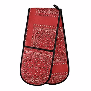 Red Bandana Print Traditional Asian Elements Paisley Floral Flowers Double Oven Mitt Gloves Extra Long Potholder High Heat Resistant for Baking Cooking Baking Grilling Handling Hots Pans 35"x7"