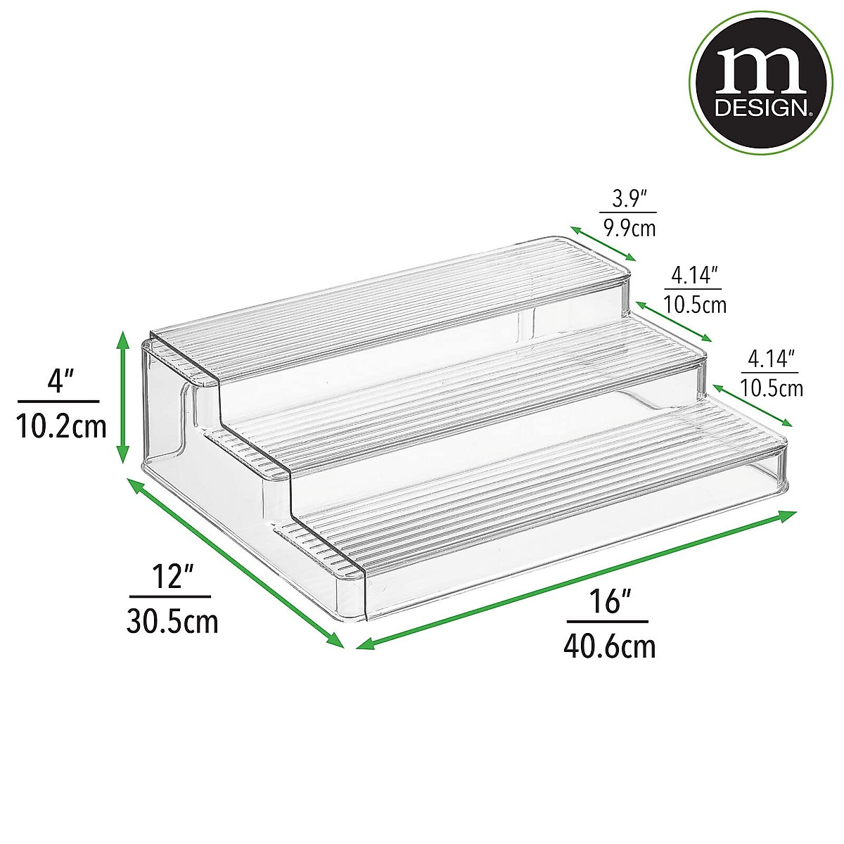 mDesign Plastic Spice and Food Kitchen Expandable Cabinet Shelf Organizer - 3 Tier Storage - Modern Compact Caddy Rack - Holds Spices/Herb Bottles, Jars - for Shelves, Cupboards, Refrigerator - Clear