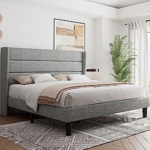 Feonase King Size Upholstered Platform Bed Frame with Wingback Headboard, Minimalist Mattress Foundation with Wooden Slats Support, Noise Free, No Box Spring Needed, Easy Assembly