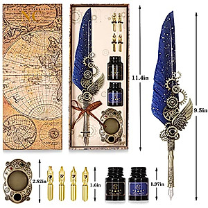 NC Feather Calligraphy Pen Set, Including 2 Bottles of Ink and 4 Replaceable Nibs, 1 Mechanical Quill Pen, 1 Pen Holder, Calligraphy Pen for Writing, Writing Letters, Signing Invitations Etc(Blue)