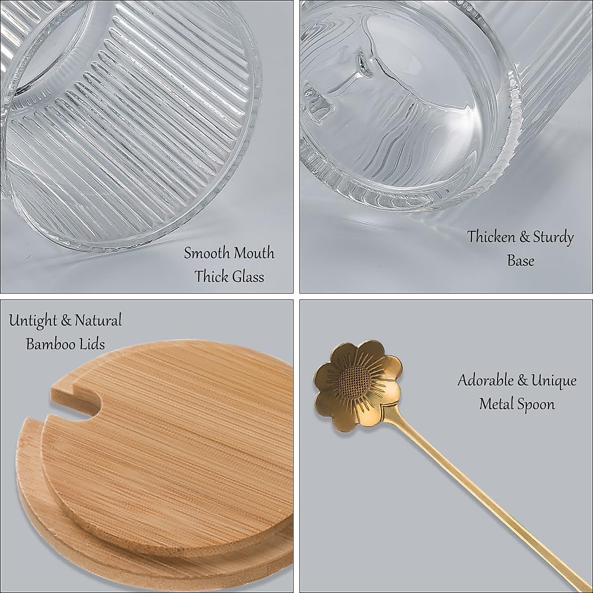 HUAHANGNA Vintage Coffee Glass Mugs for Beverage - Ribbed Short Latte Cups Set of 4, Clear Tea Cup with Bamboo Lid and Spoon, Dessert, Pudding, Ice Cream, Yogurt, Cappuccino, Espresso cup