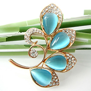 Navachi 18k Gold Plated Blue Opal Crystal Branches Leaves Az7856b Brooch Pin