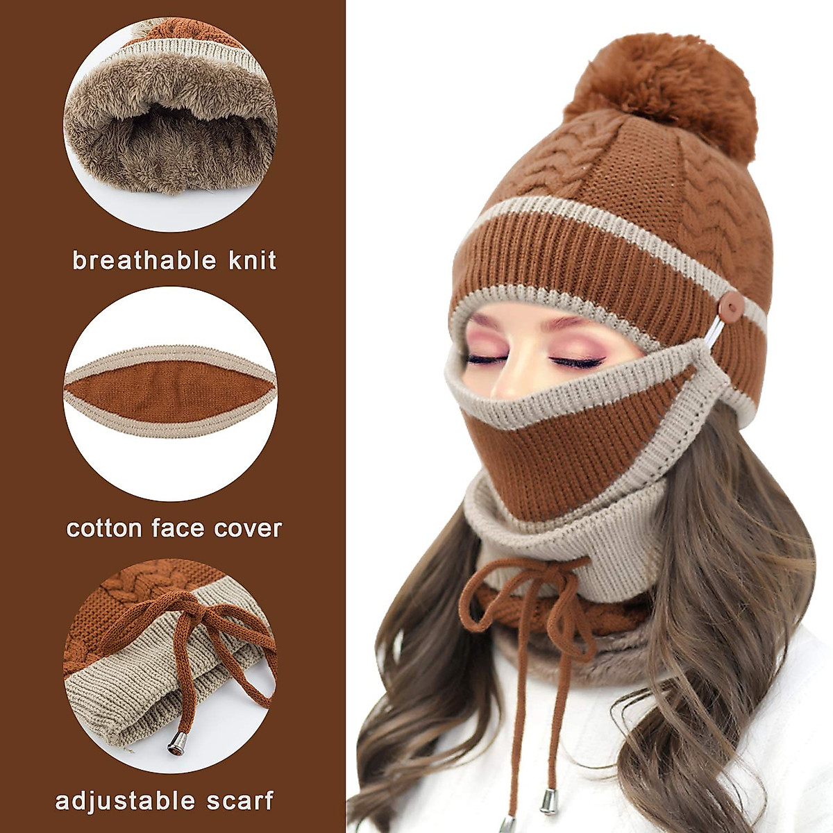 Winter Knit Beanie Hat Scarf Set with Face Cover Touchscreen Gloves for Women, Pom Slouchy Skull Cap with Fleece Lined