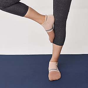 Aprilaugust Non Slip Grip Ankle Socks for Yoga, Pilates, Barre, Barefoot training and Running (G_Pink + Beige + Blue (3pairs), S/M)