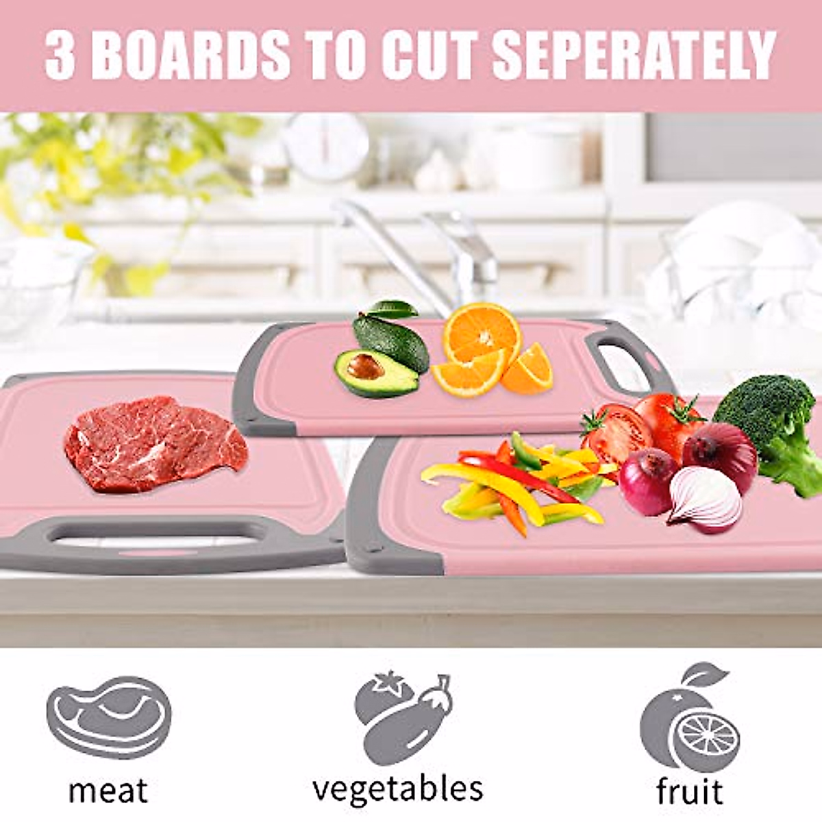 Cutting Boards for Kitchen, Plastic Chopping Board Set of 4 with Non-Slip Feet and Deep Drip Juice Groove, Easy Grip Handle, Dishwasher Safe, BPA Free, Non-porous(Pink/Gray)