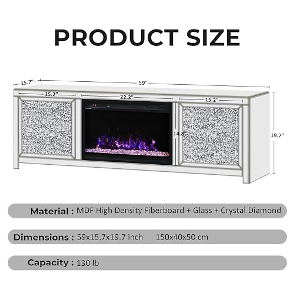 ENENE Mirrored TV Stand with Fireplace-10 Colors Changing Crystal Electric Fireplace tv Stand for 65 inch TV Electric Fireplace Entertainment Center for Living Room (Remote Control & 3D Flame)