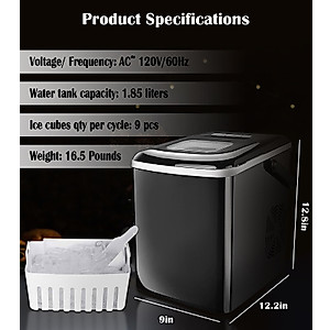 EVAMOKE Ice Makers Countertop with Handle, Nugget Ice Cubes Ice Machine with Basket and Ice Scoop, Portable Ice Maker 9 Cubes Ice Black Mini Bullet Ice Maker Small, Ice Maker for Home&Kitchen&Office