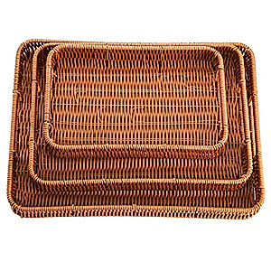 Yarlung 3 Pack Woven Baskets Serving Trays with Handles, Poly Wicker Bread Baskets Rectangular Platters for Fruit, Vegetables, Breakfast, Drinks, Snacks, Dining Coffee Table, 3 Sizes