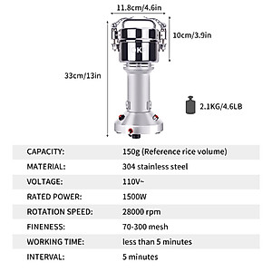 150g Grain Mill Grinder, 304 Stainless Steel Grain Mill, 1500W High-speed Commercial Spice Grinder, Superfine Grain Grinder, Flour Mill Grinder for Home, Grinder for Kitchen, Spice Grinder Electric