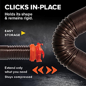 Camco RhinoFLEX 15' RV Sewer Hose Kit — Includes 4-in-1 Adapter, Clear Elbow, & Caps — Connects to 3″ Slip & 3″, 3 1/2″, 4″ NPT Threaded Sewer Connections (39770)