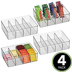 mDesign Plastic Stackable Tea Bag Storage Organizer Bin with 4 Divided Compartments - Holder for Kitchen Cabinet, Pantry, Countertop - Holds Sugar Packets, Coffee Pods, Ligne Collection, 4 Pack, Clear