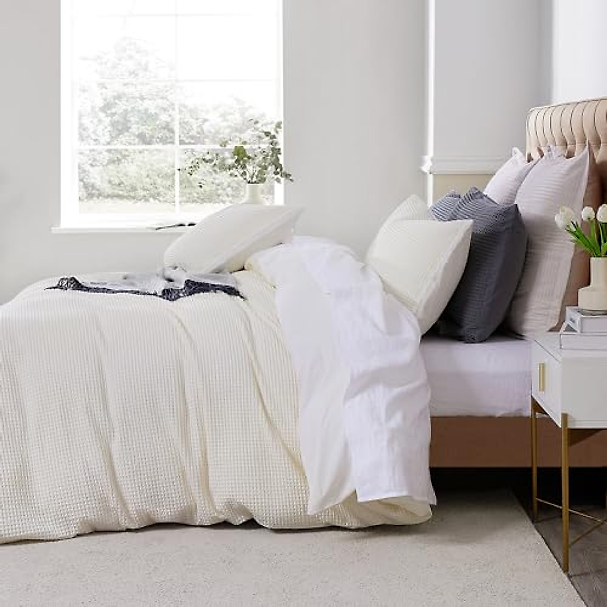 Grassix Waffle Weave Duvet Cover Queen Size 100% Cotton Duvet Cover Set with Zipper Closure Soft Breathable Textured Bedding Set for All Seasons, Comforter Cover Cream White 90"x90"