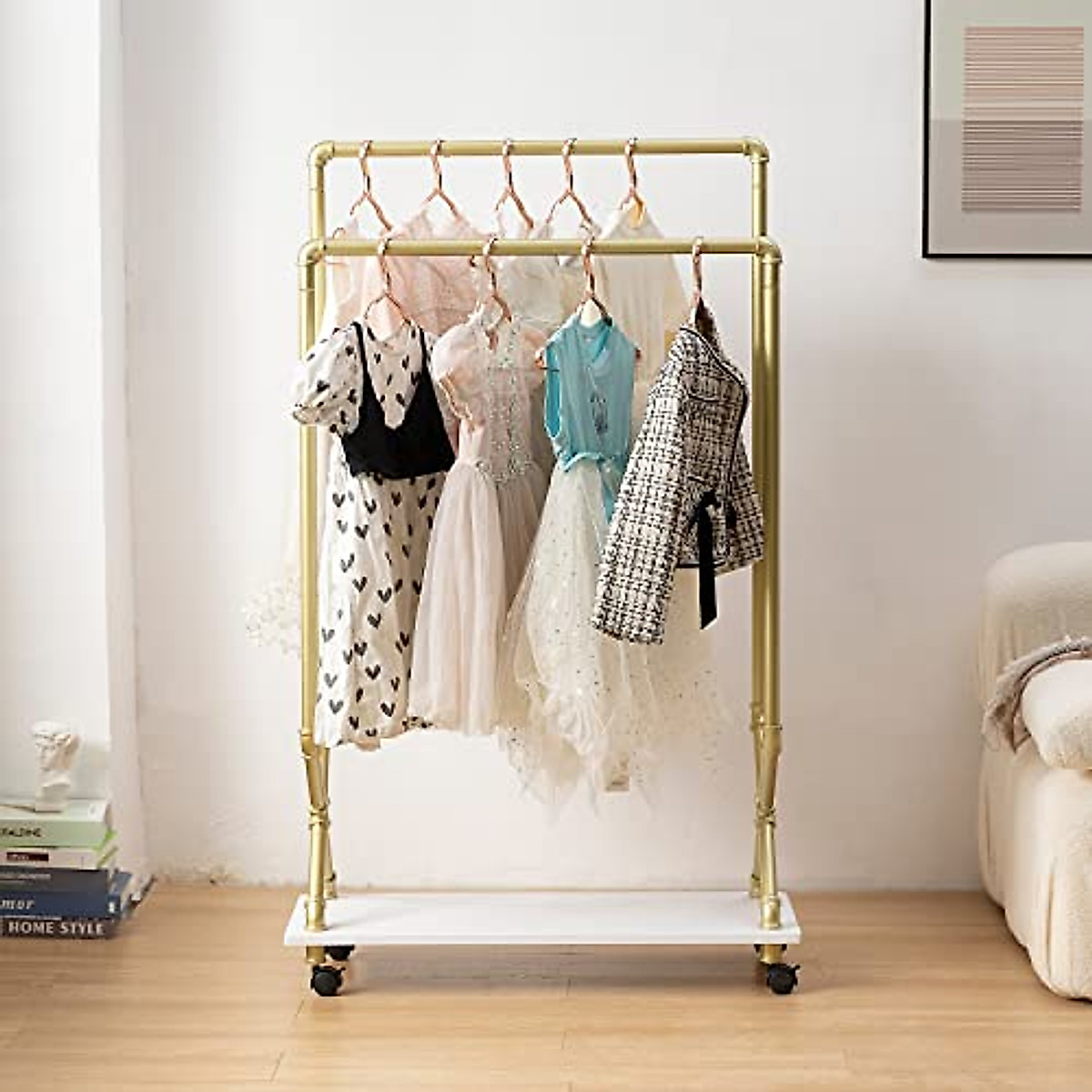 ZYUXUAN Kid Armoire Dress up Rack, Industrial Child Garment Rack, Kids Clothing Rack with Storage Shelf for Small Space, Kid Pipe Clothes Rolling Wardrobe, Costume Organizer Center