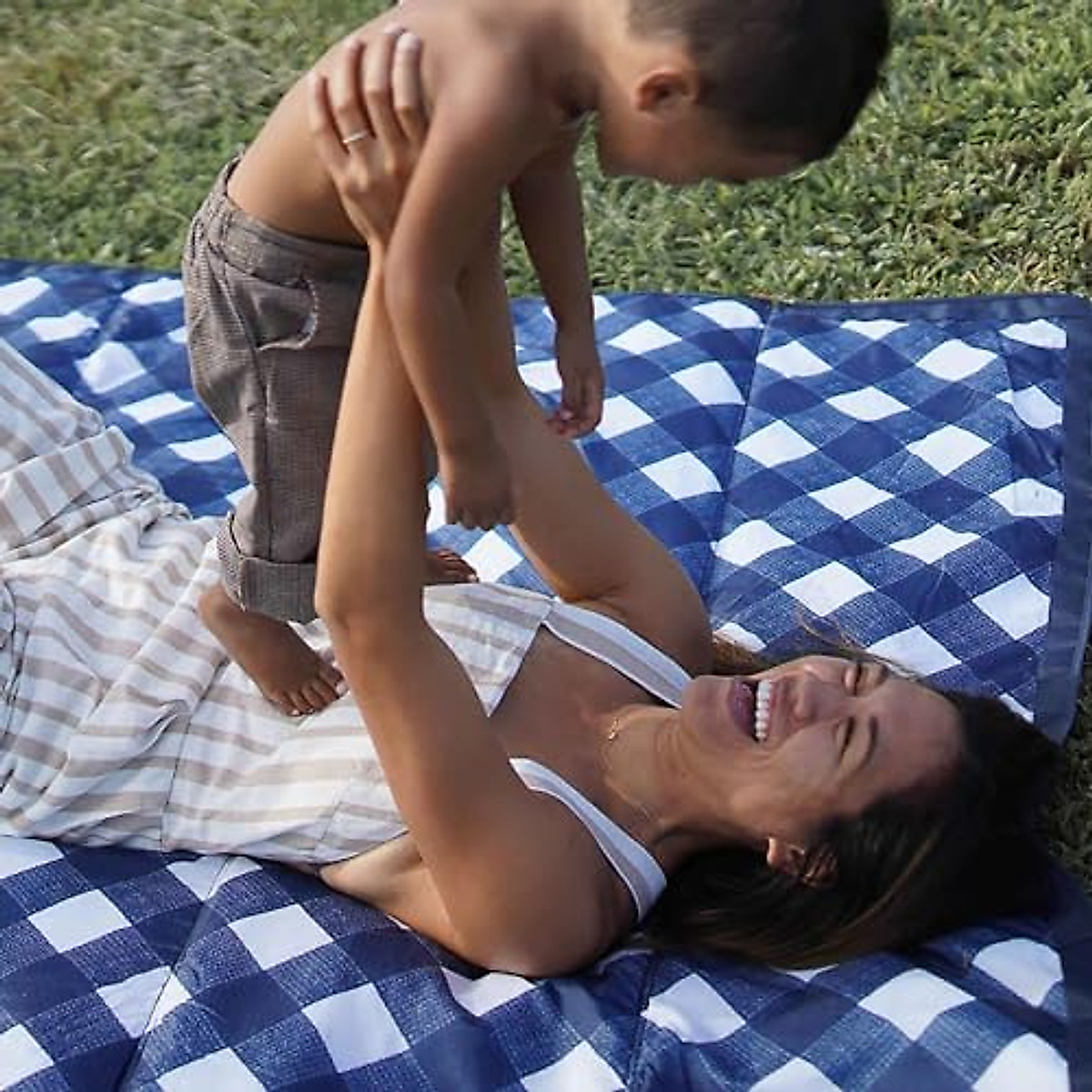 Little Unicorn 5'x5' Outdoor Family Picnic & Beach Blanket | Durable & Water-Resistant Fabric | Compact Fold & Easily Wipes Clean | Zipper Pocket (Navy Plaid)