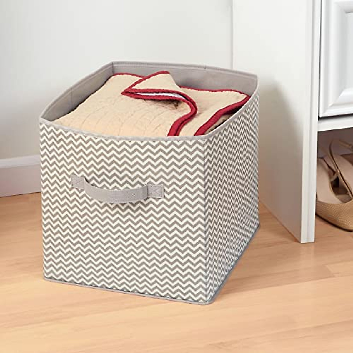 mDesign Large Soft Fabric Closet, Home Storage Organizer Cube Bin Box, Front Handle - Storage for Closet, Bedroom, Furniture Shelving Units - Chevron Zig-Zag Print, 12.75" High, 4 Pack - Taupe/Natural