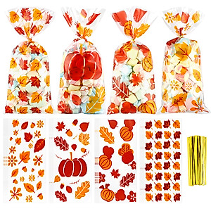 BOEIAC Thanksgiving Treat Bags,100 Pcs Thanksgiving Fall Cellophane Treat Bags, Plastic Autumn Maple Leaves Pumpkin Candy Goodie Bags with Twist Ties for Thanksgiving Fall Theme Party Favor
