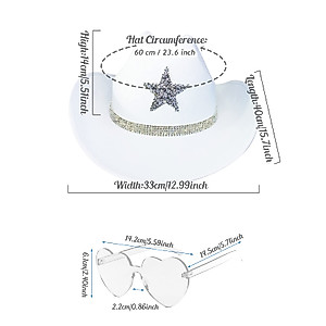 YBHOMINE White Cowgirl Hat with Heart Sunglasses - Cowboy Hat with Glitter Star Fits Women for Bachelorette Themed Party(Glitter Star)