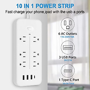 Power Strip, Surge Protector with 6 AC Outlets 3 USB Ports 1 USB-C Port,4 Ft Extension Cord Outlet Strip,Wall Mount for Home, Office, Travel, Computer Desktop, Laptop & Phone Charging