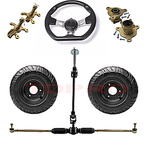 YC Yier Front Steering Wheel Tie Rod Kit Gear Rack Pinion Shaft & 3 Stud Wheel Hub Steering Spindle Knuckle & 13x5.00-6 Wheels Tires DIY Parts for Go Kart Go Cart Golf Cart ATV Quad Buggy Drift Trike