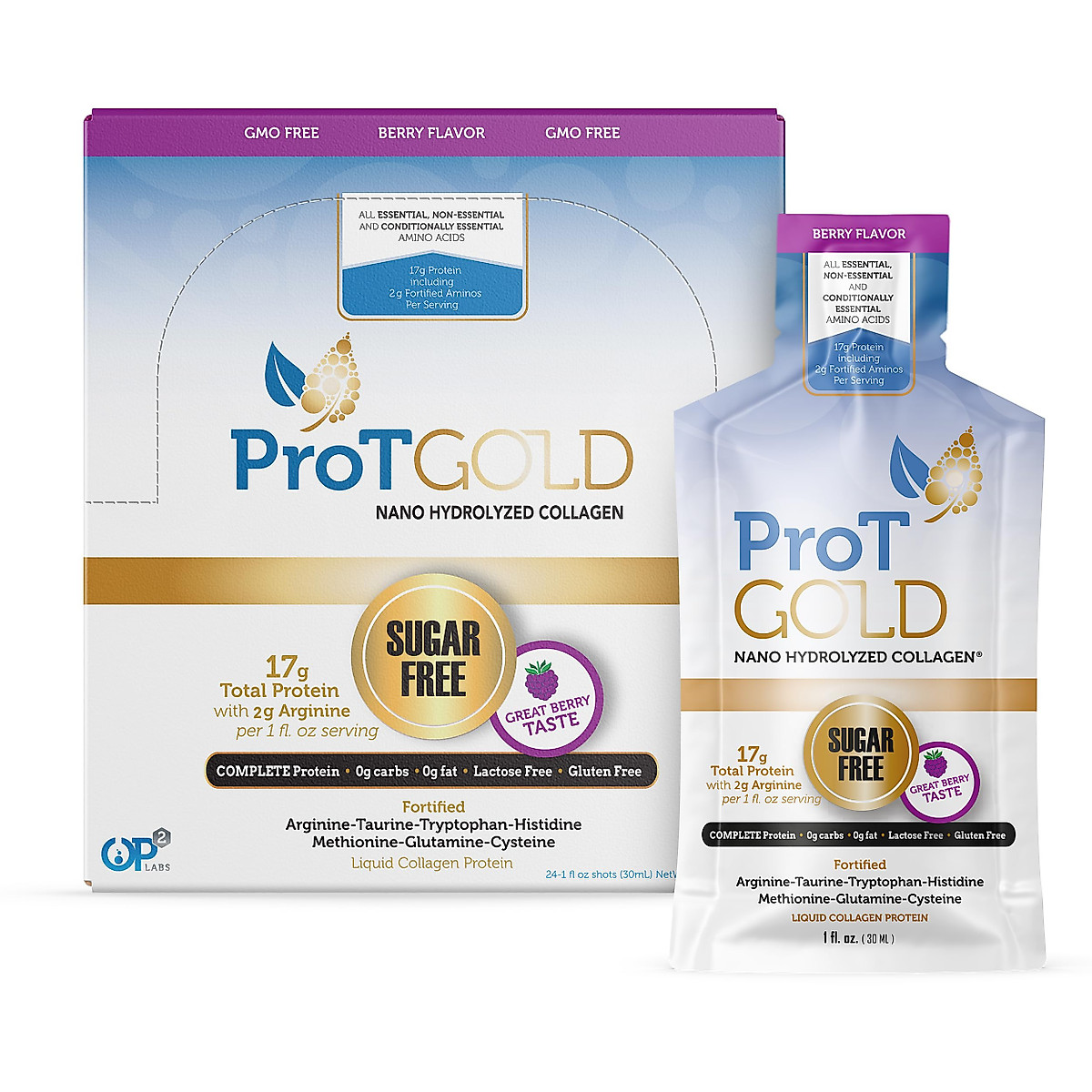 ProT Gold Liquid Collagen Protein Shot, 17g Clear Protein Nano-Hydrolyzed Grass Fed Collagen, 2g Arginine for Wound Support, Gluten Free, Sugar Free, 0g Carbs, Non GMO, Berry, 1 fl oz, 24 Pack